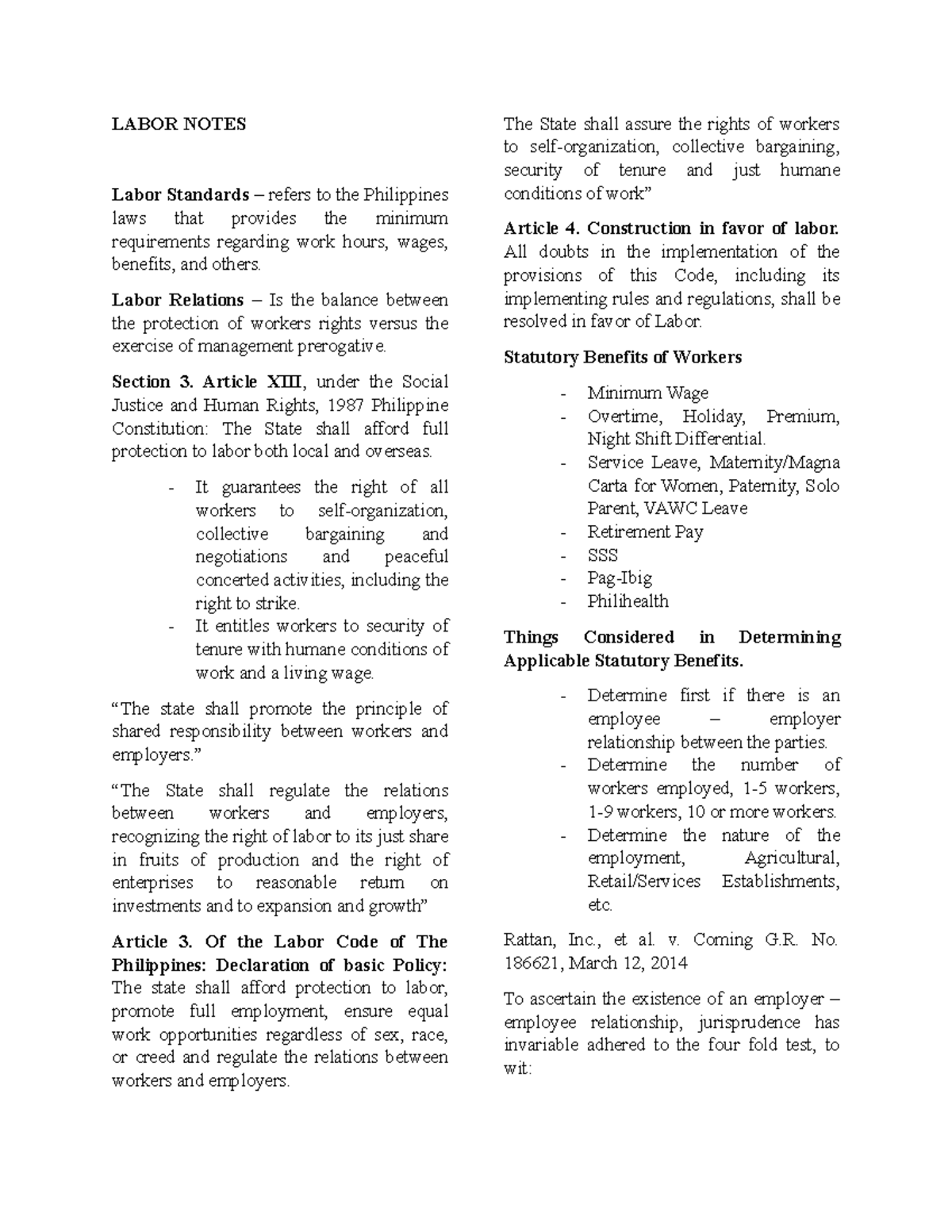 Labor Notes - LABOR NOTES Labor Standards – refers to the Philippines ...