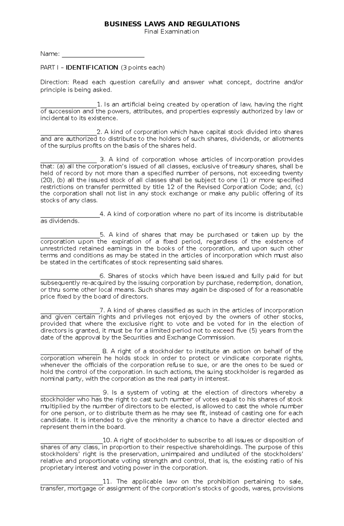 Final exam Business LAWS AND Regulations 1 - BUSINESS LAWS AND ...