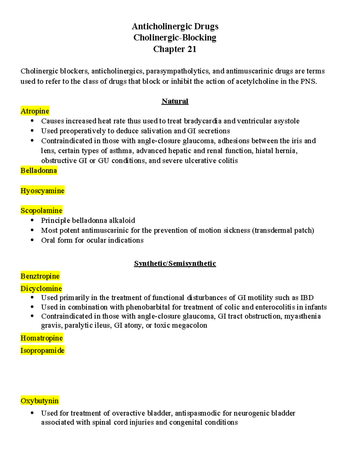 Chapter 21 Anticholinergic Drugs-1 - Anticholinergic Drugs Cholinergic ...