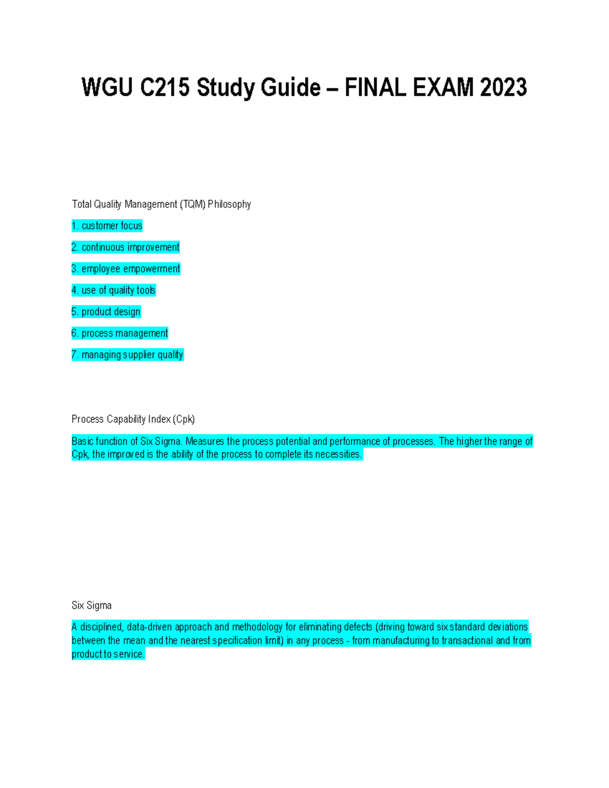 WGU C215 Study Guide - Which definition used for quality evaluates how ...