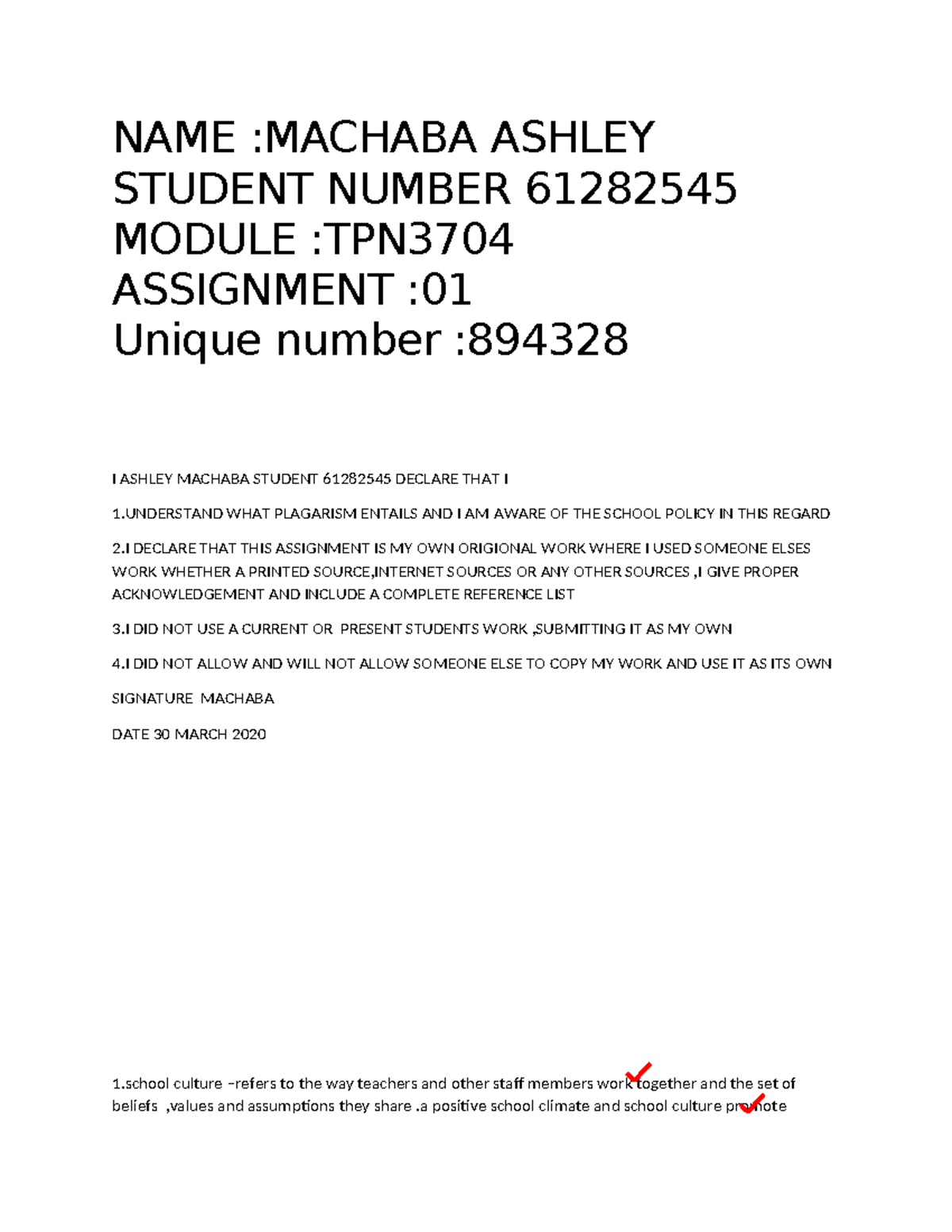 View Marked Assignment 4 (19) - NAME :MACHABA ASHLEY STUDENT NUMBER 61282545 MODULE :TPN ...