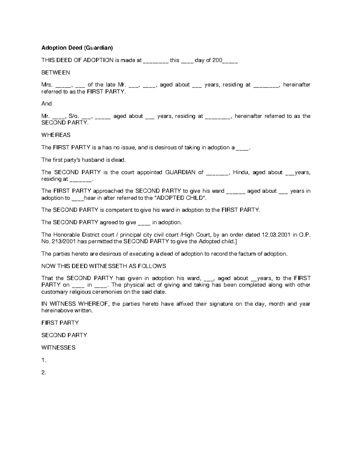 Adoption Deed (Guardian) - _____, ___ of the late Mr. ___, ____, aged ...