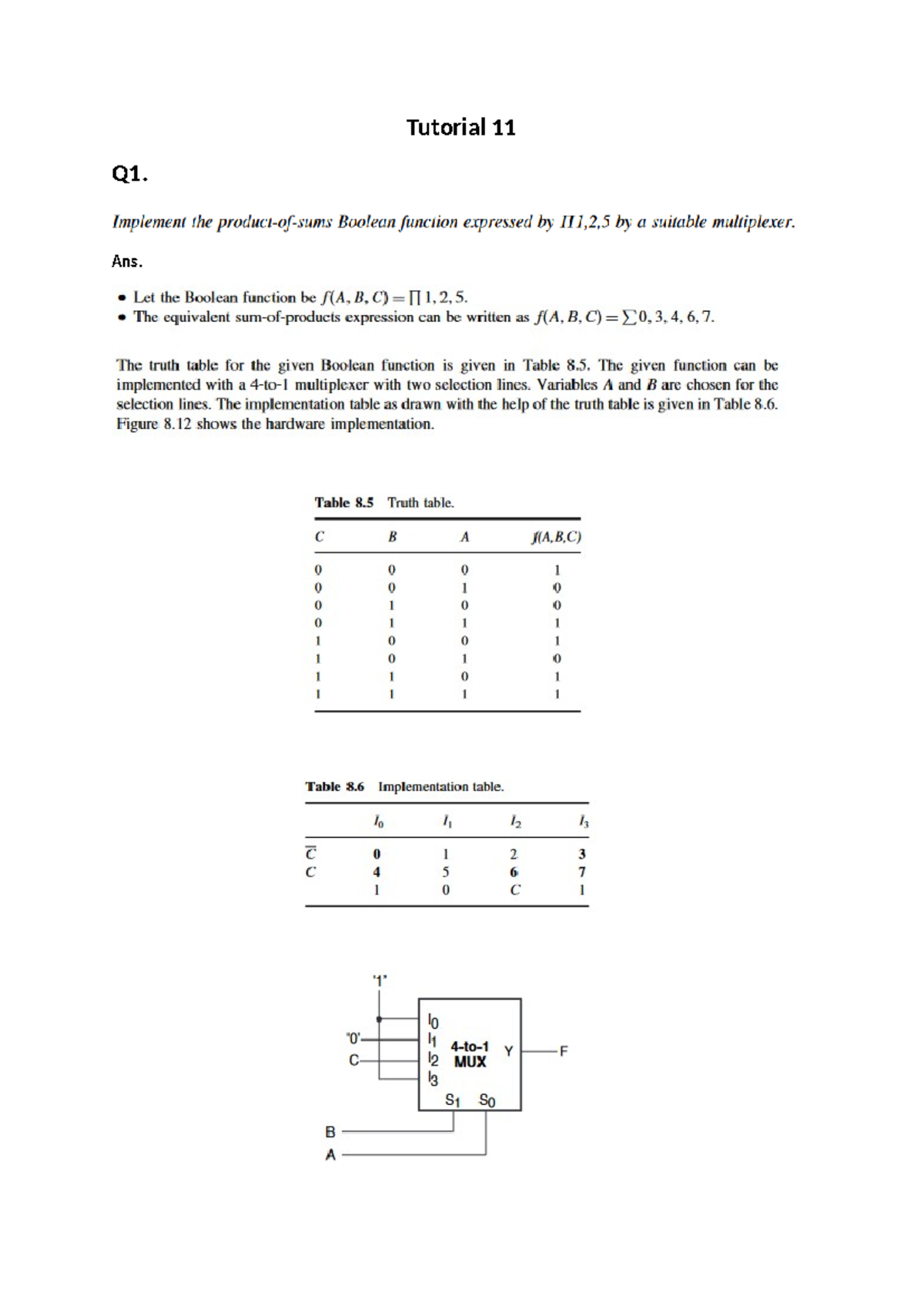 Tutorial Sheet 10 Unit5 mux - Electronics and Communication - Tutorial 11 Q1. Ans. Q2. Ans. Q4 ...
