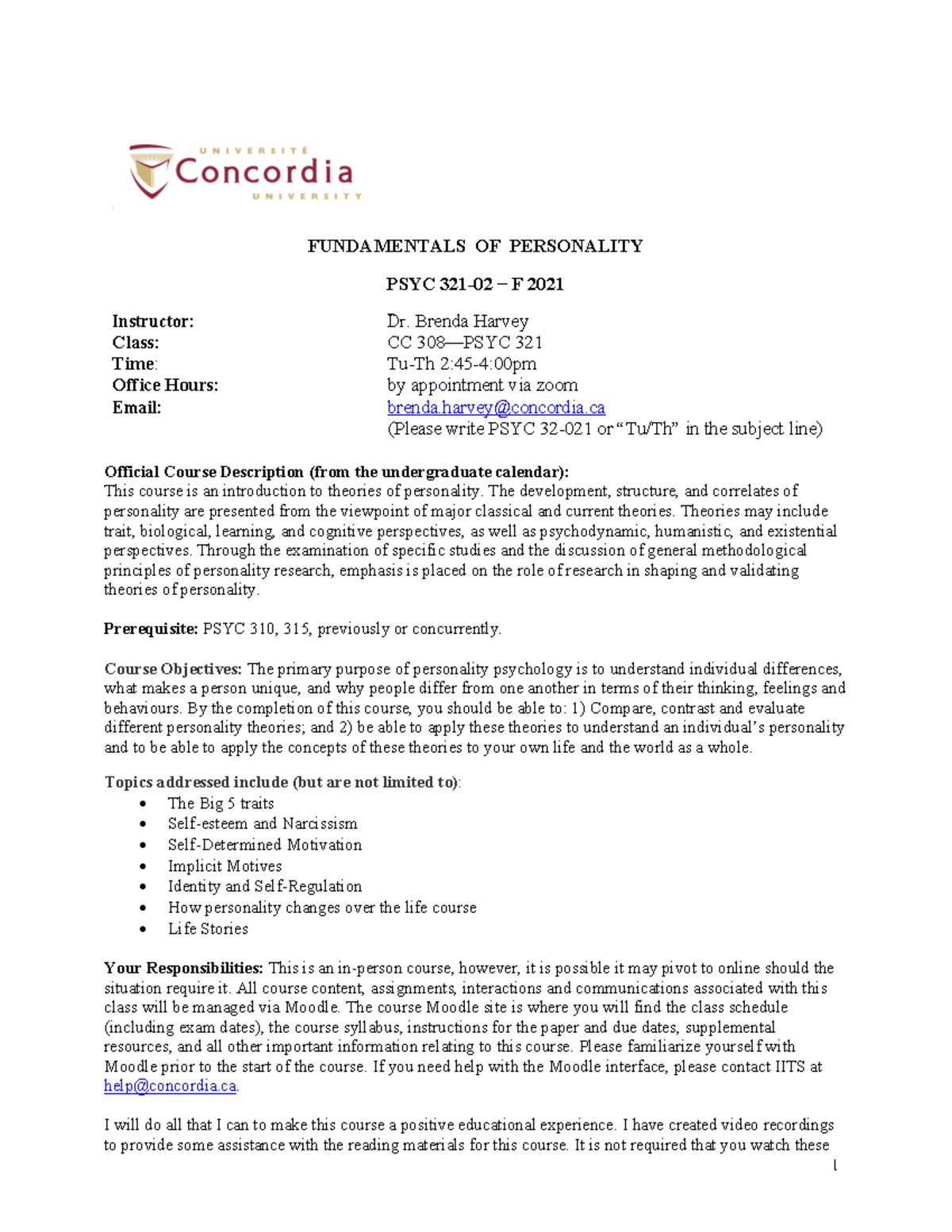 Outline FOR PSYC 321 - FUNDAMENTALS OF PERSONALITY PSYC 321-02 − F 2021 ...