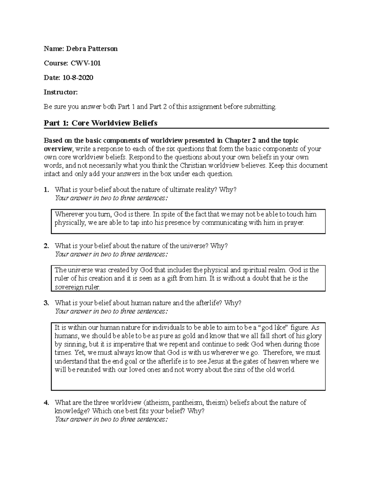 CWV-101-301-RS-T1Basic Components Of Worldview - Name: Debra Patterson ...