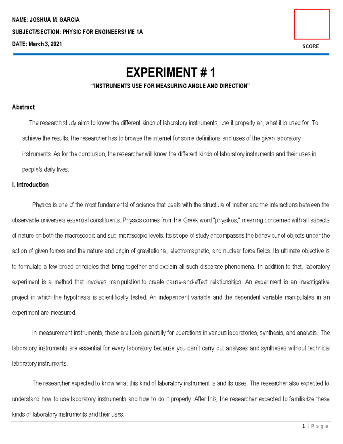 PHY1ME1A Laboratory Report 1 Garcia Joshua - Mechanical Engineering ...