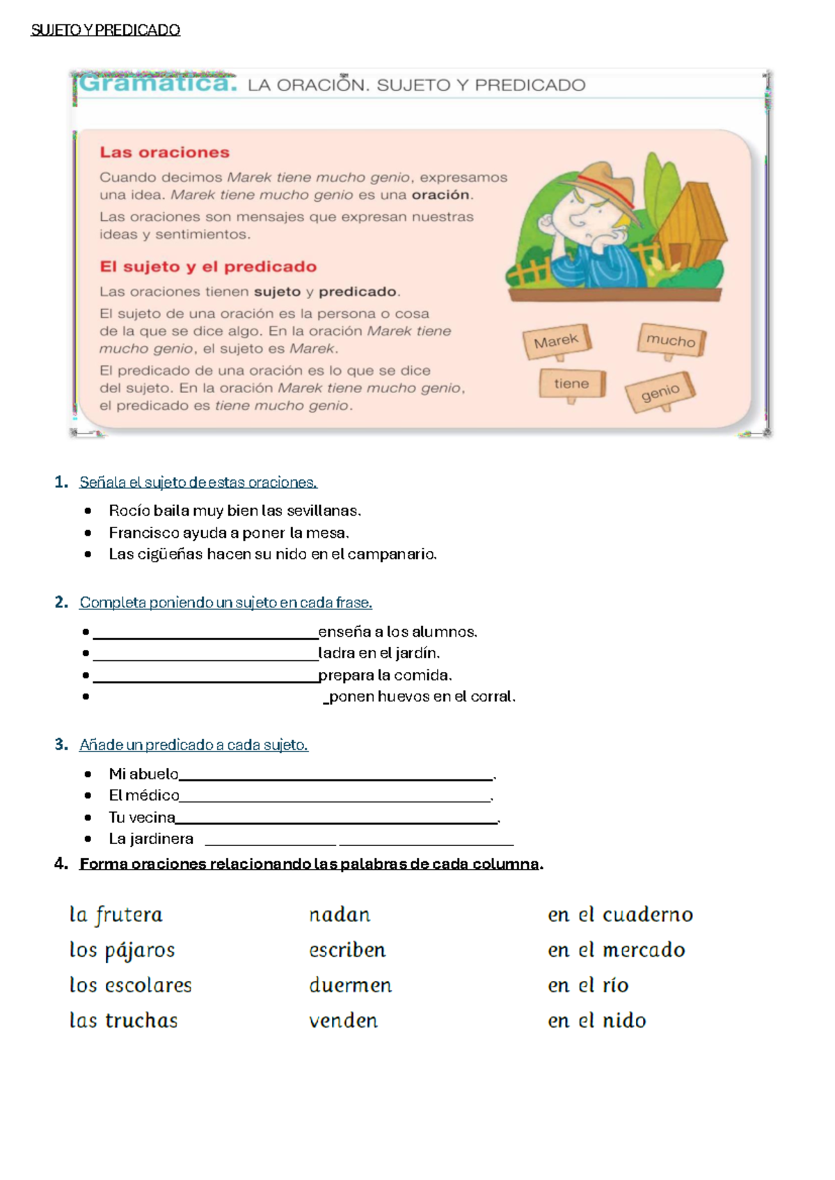 Sujeto Y Predicado 1ero - SUJETO Y PREDICADO 1. Señala el sujeto de ...