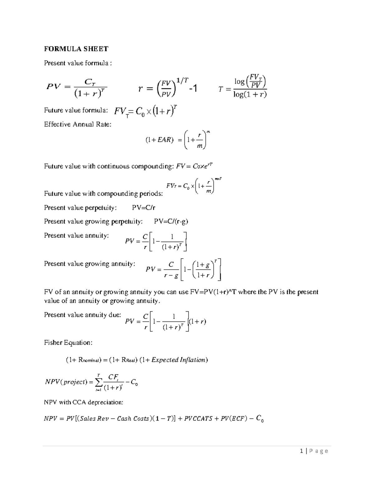 Mid-Term Exam Formula Sheet 2022 - 1 | P a g e FORMULA SHEET Present ...