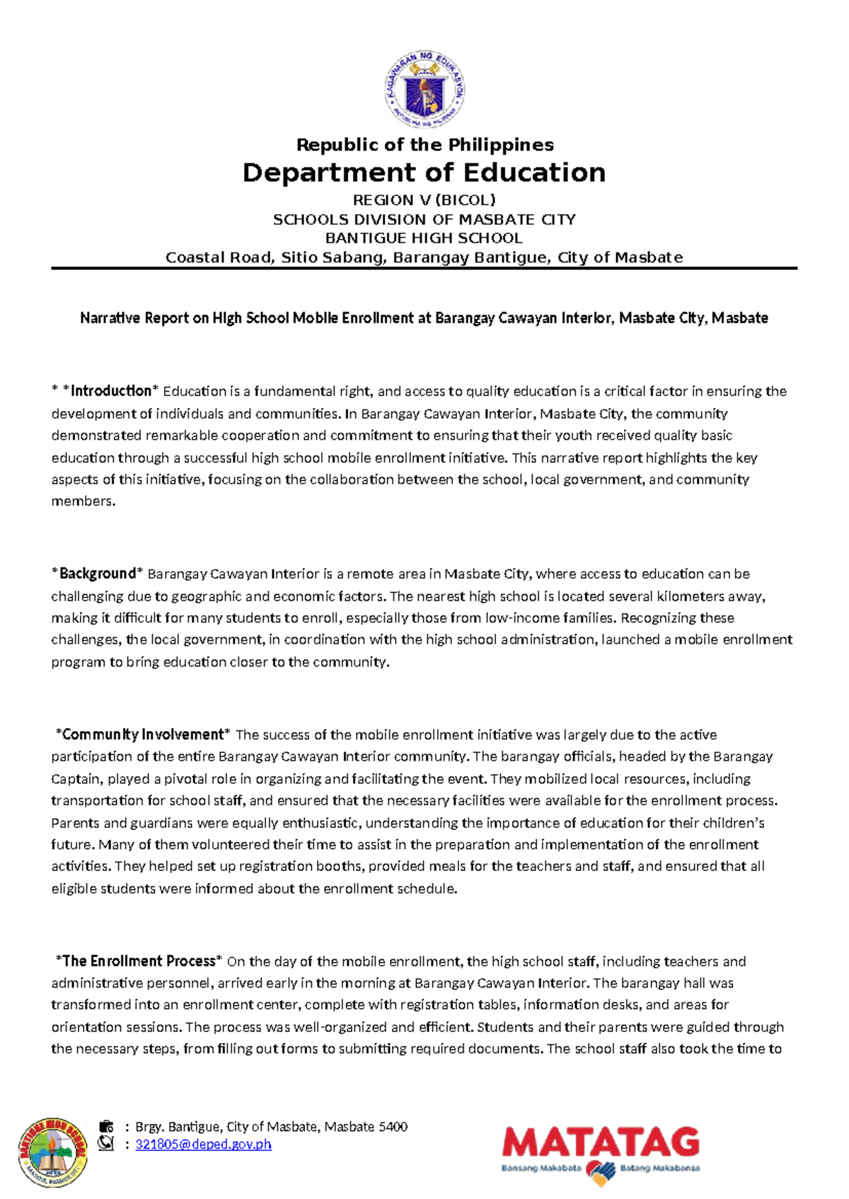Narrative Report ON Mobile Enrolment - Department of Education REGION V ...