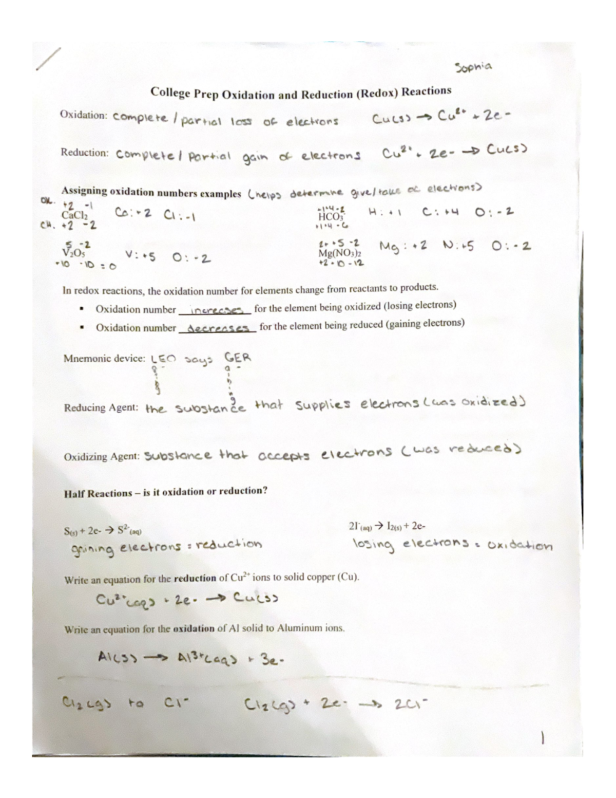 College Prep Oxidation and Reduction (Redox) Reactions - Studocu
