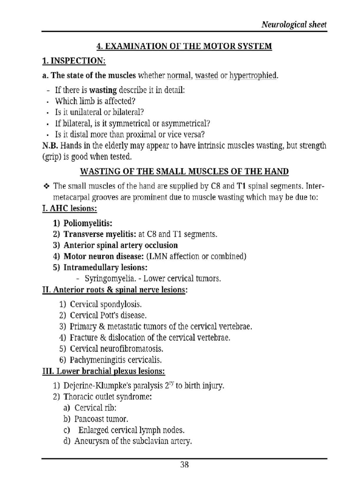 Motor system examination - central nervous system - Studocu