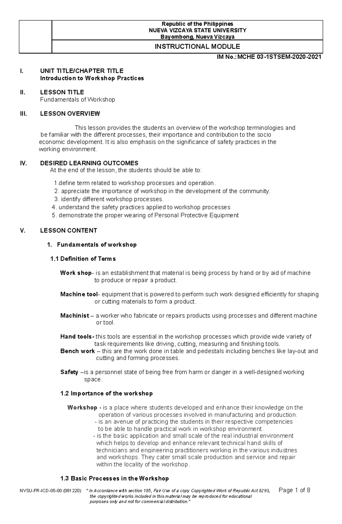 Im work shop week 1-2 - Fundamentals of Workshop - NUEVA VIZCAYA STATE ...
