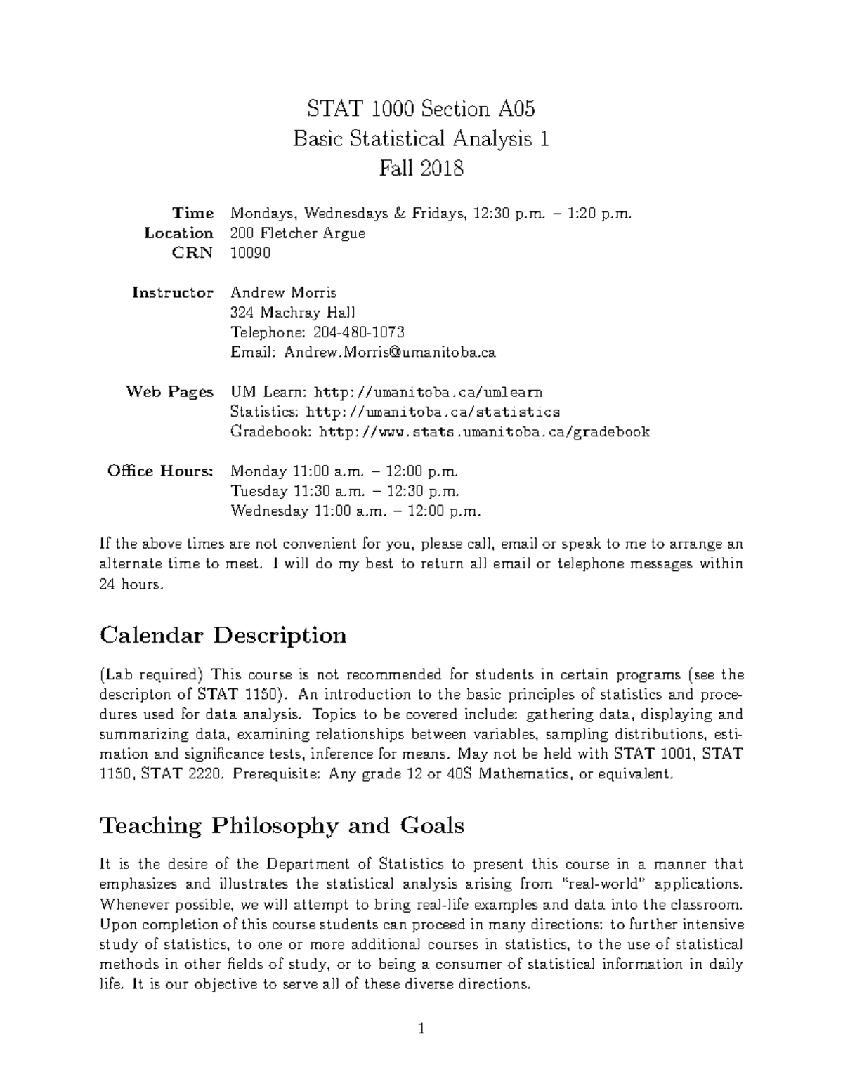 STAT1000 Course Outline - STAT Section A05 Basic Statistical Analysis 1 ...