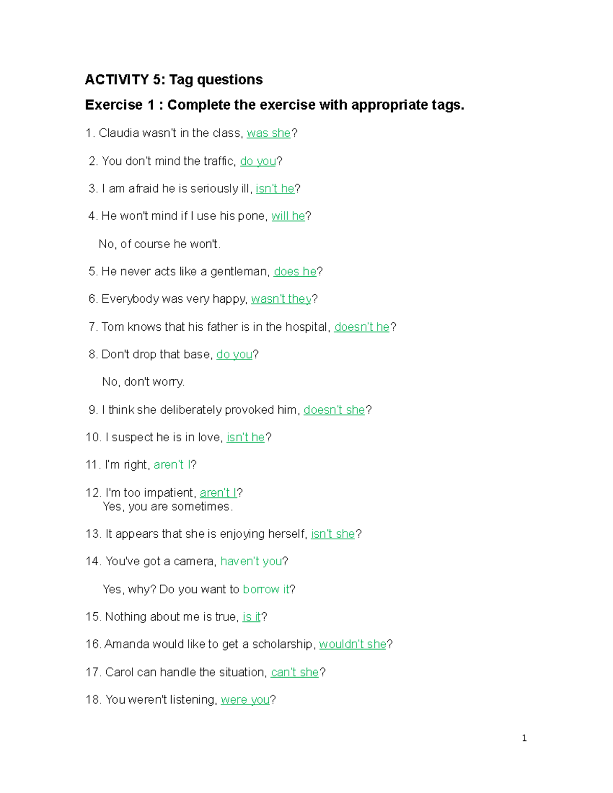 Actividad 5 - ACTIVITY 5: Tag questions Exercise 1 : Complete the ...