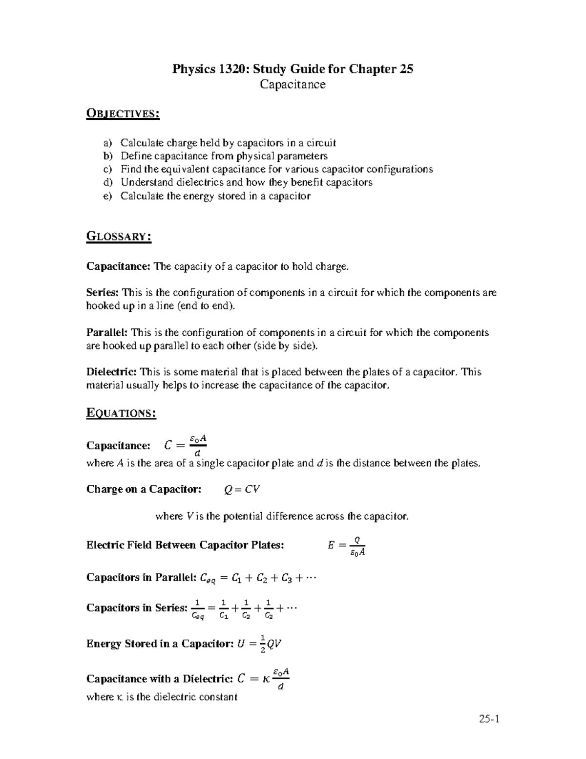 SG Ch 25 Capacitors - Physics 1320: Study Guide for Chapter 25 ...