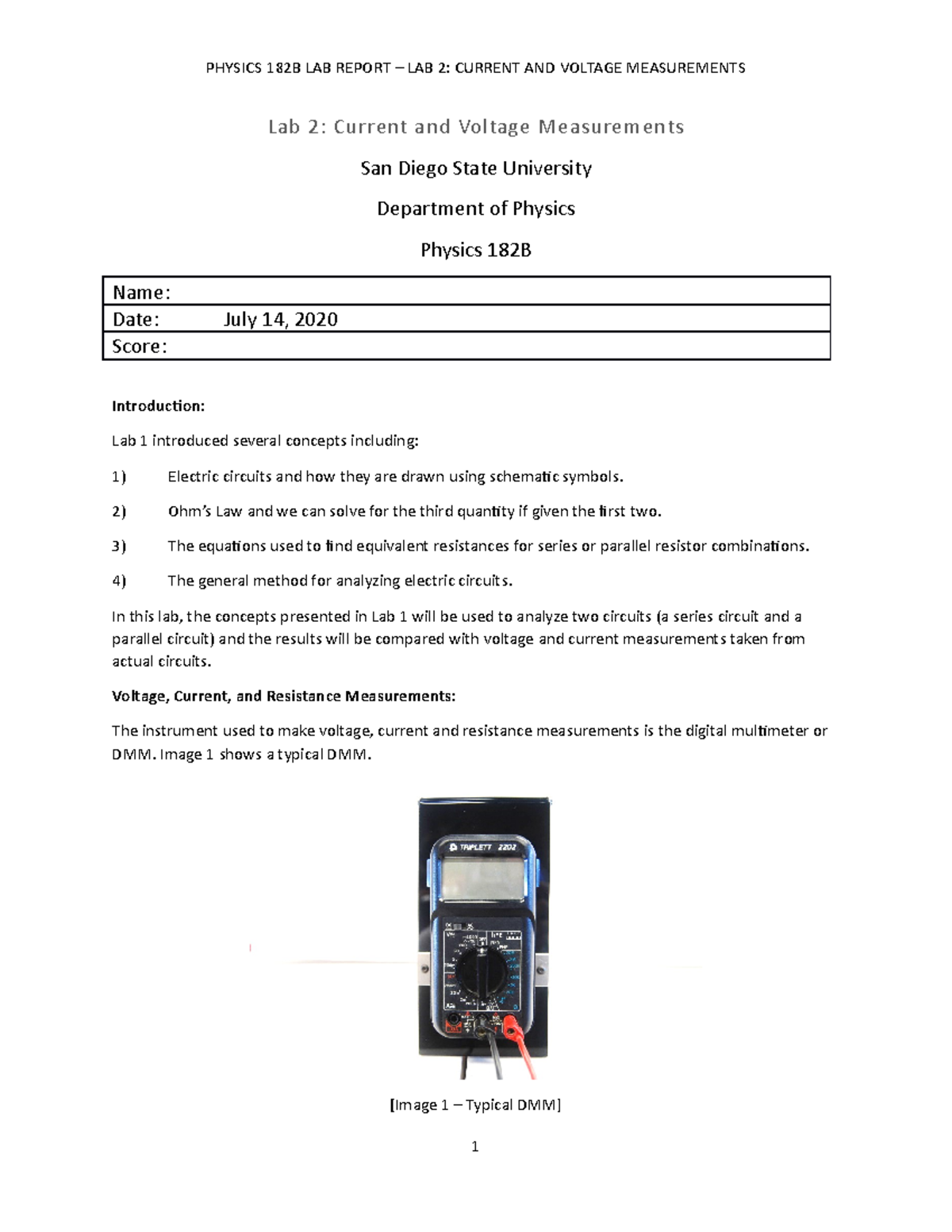 182B Lab 2 - 2nd lab - Lab 2: Current and Voltage Measurements San ...
