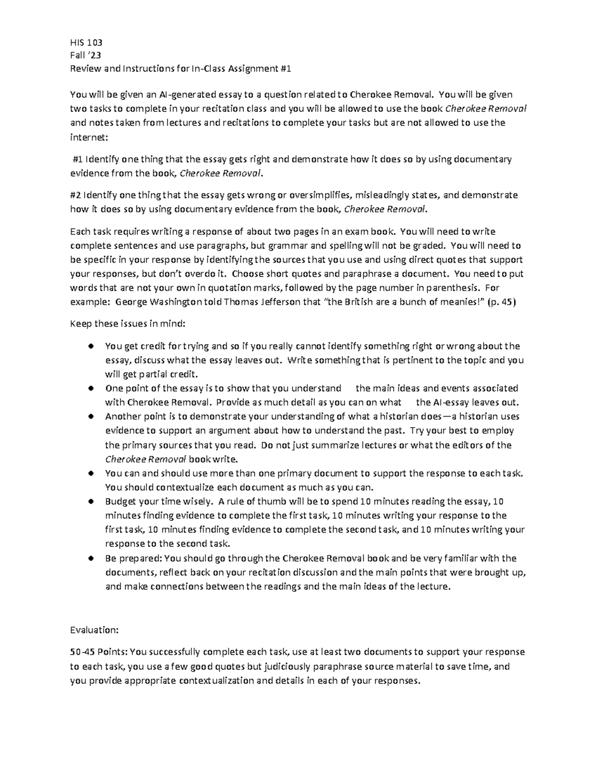 Overview and Rubric for in Class Assignment #1 - HIS 103 Fall ‘ Review ...