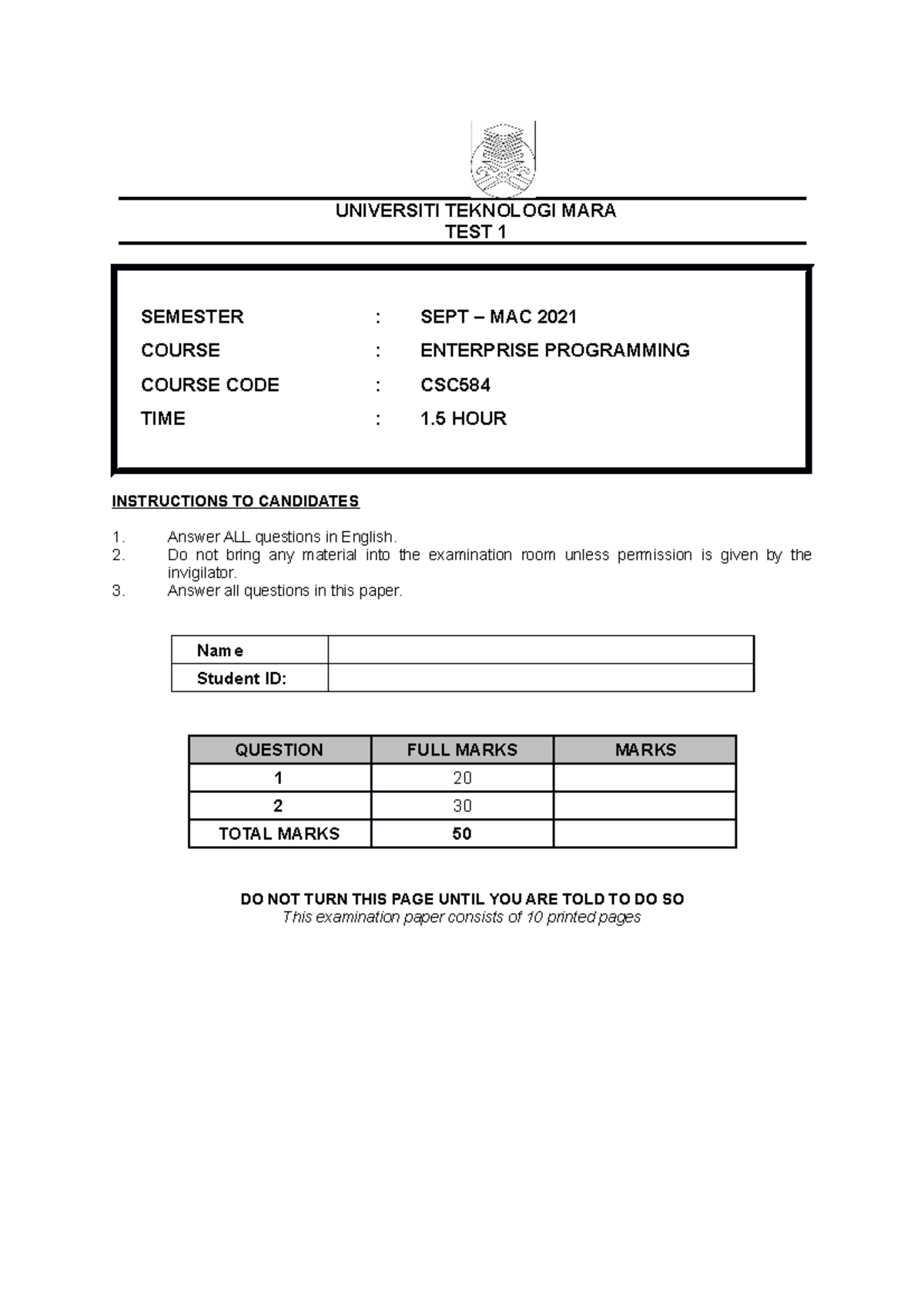 20214 Test1 Question uitm - UNIVERSITI TEKNOLOGI MARA TEST 1 SEMESTER ...