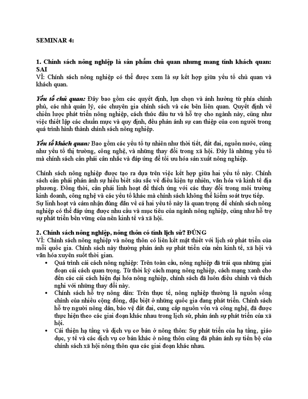 câu hỏi thi phân tích chính sách NNNT - SEMINAR 4: Chính sách nông ...