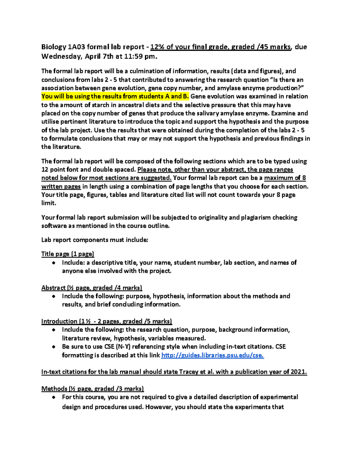 Formal Lab Report Bio1A03 W2021 - Biology 1A03 formal lab report - 12% ...