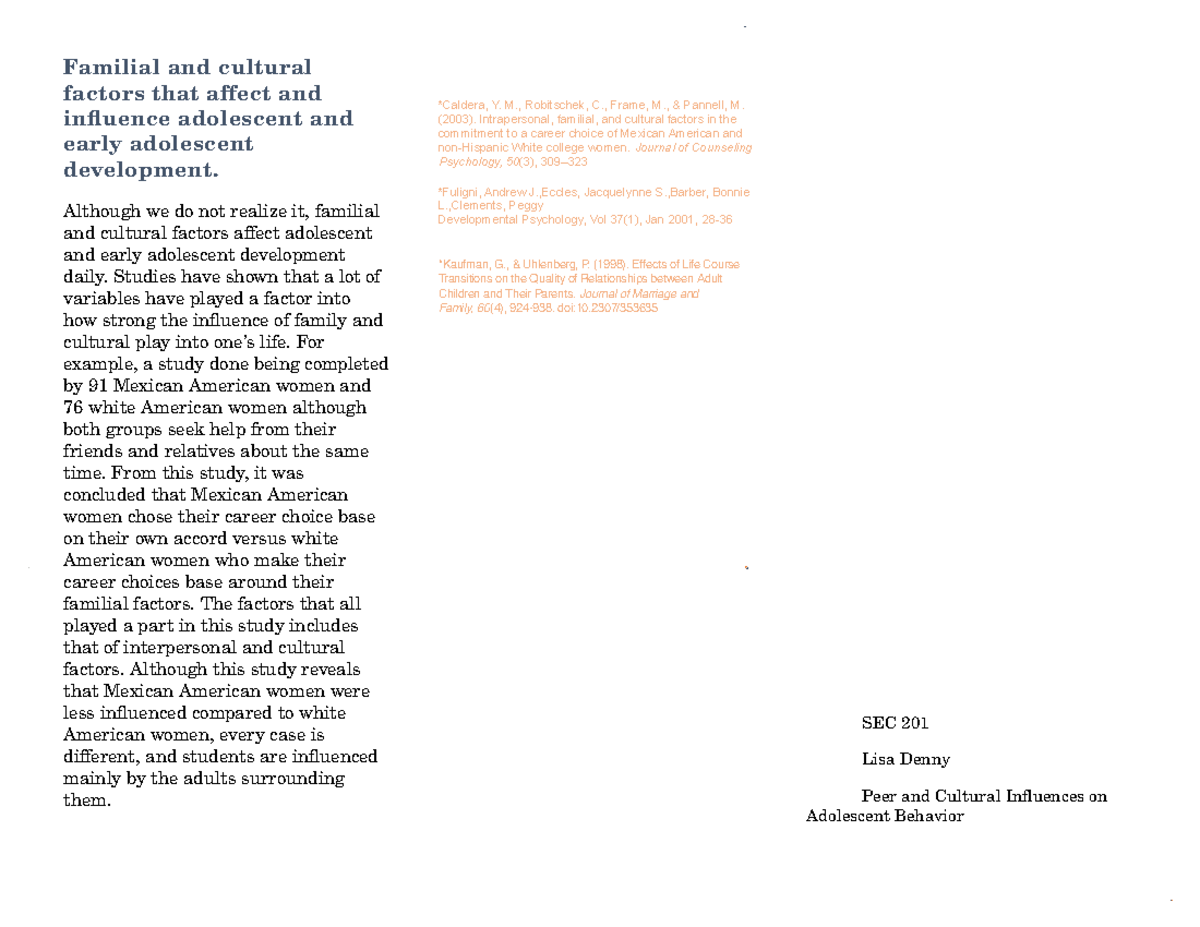 Peer and Cultural Influences - Familial and cultural factors that ...