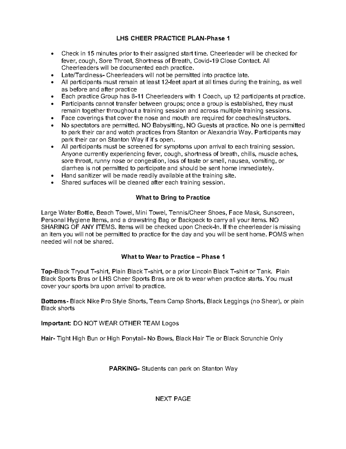 Phase 1 Practice Groups - LHS CHEER PRACTICE PLAN-Phase 1 Check in 15 ...