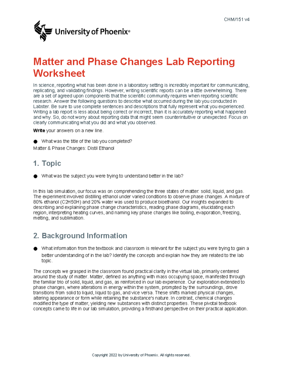 Matter and Phase Changes Lab Reporting Worksheet - CHM/151 v Matter and ...