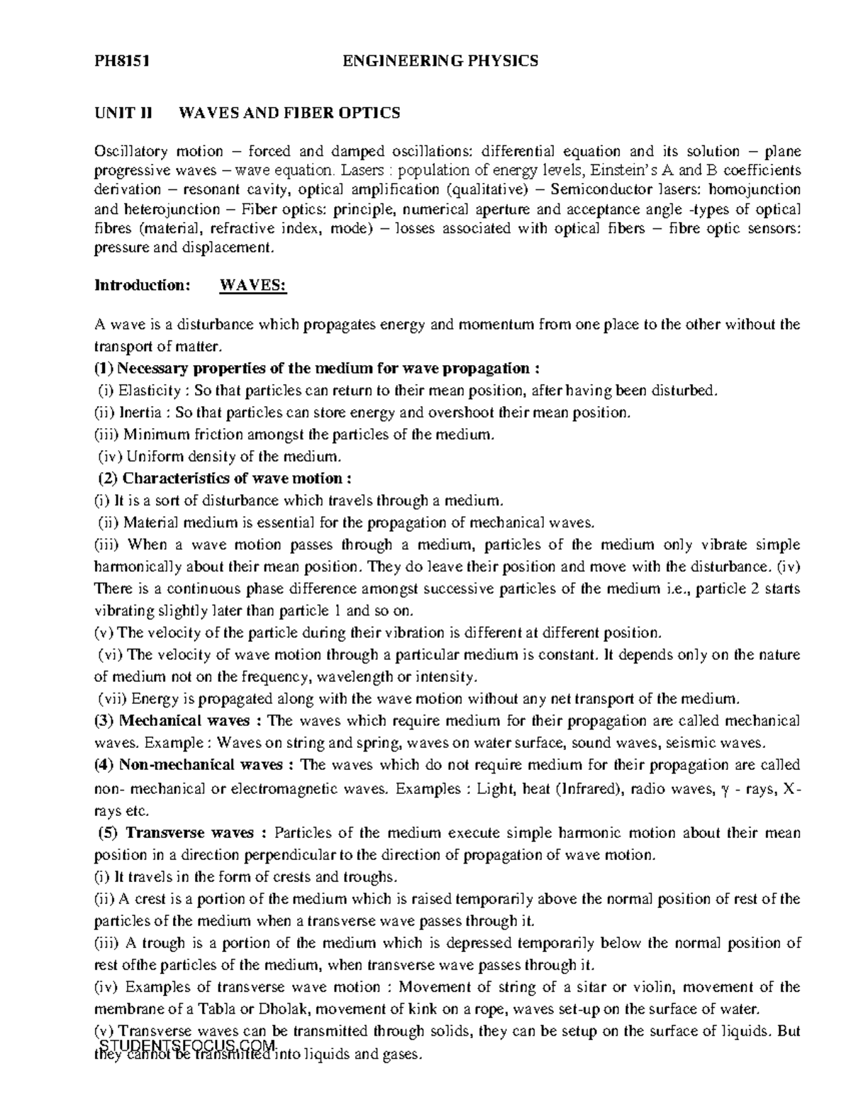 Unit2 - Revise - PH8151 ENGINEERING PHYSICS UNIT II WAVES AND FIBER OPTICS Oscillatory motion ...