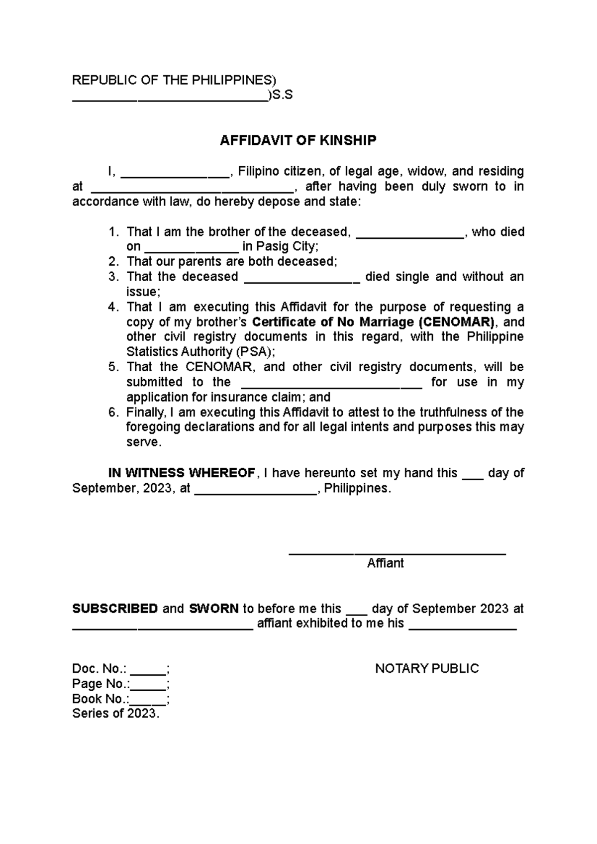 Affidavit of kinship - REPUBLIC OF THE PHILIPPINES ...