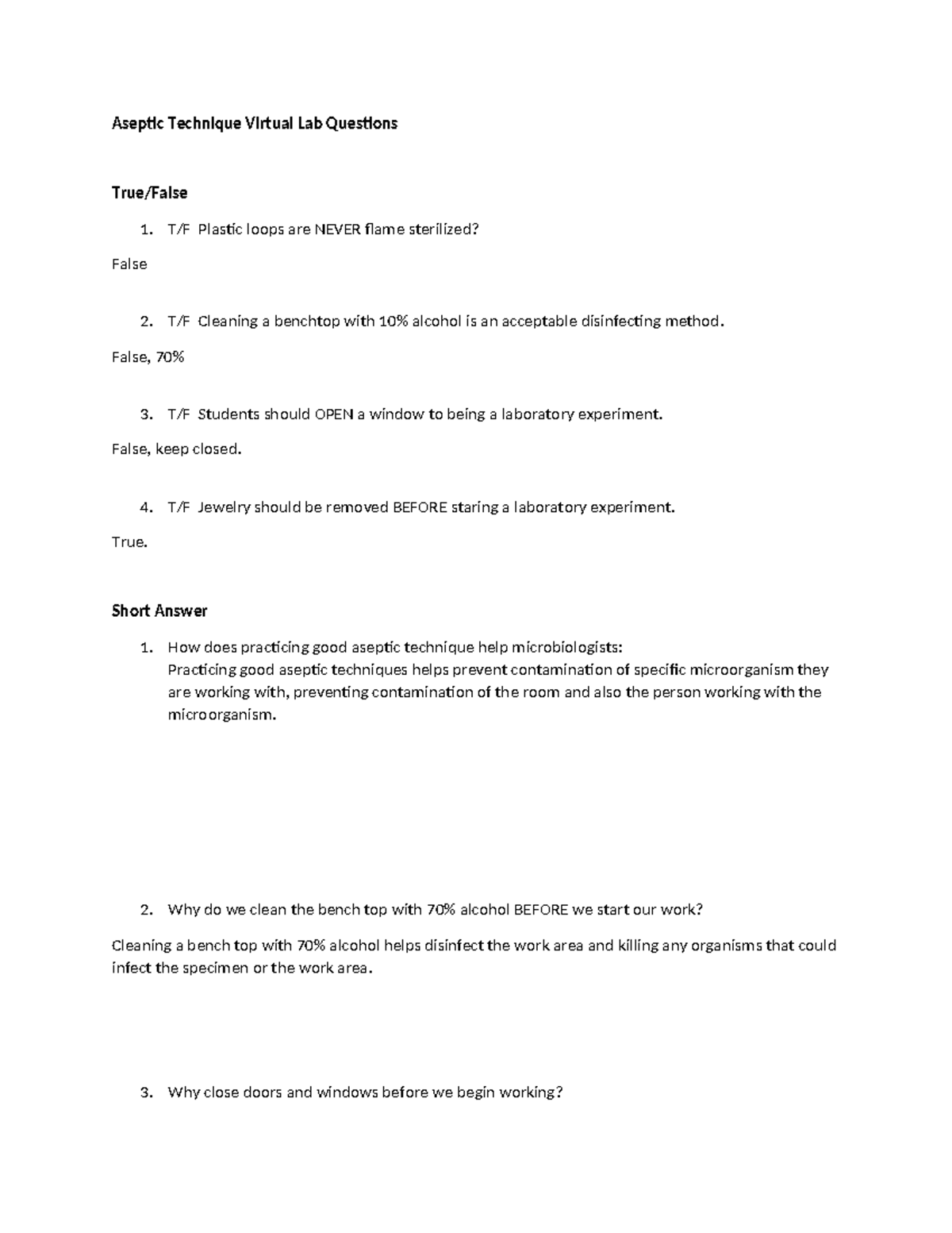Aseptic Technique (part 1) Virtual Lab Questions - Aseptic Technique ...