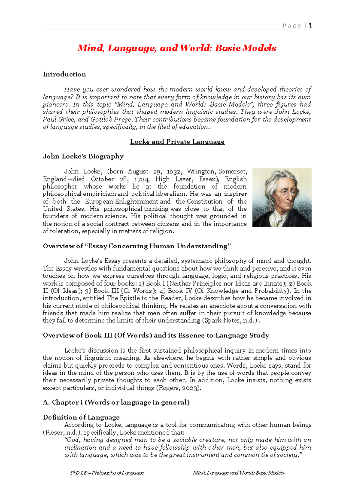 Locke and Private Language - Mind, Language, and World: Basic Models ...