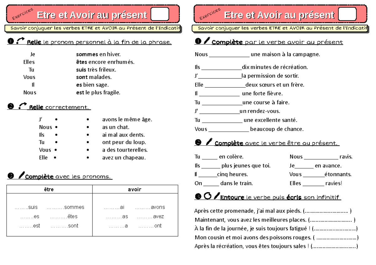 Avoir et être présent - Savoir conjuguer les verbes ETRE et AVOIR au ...