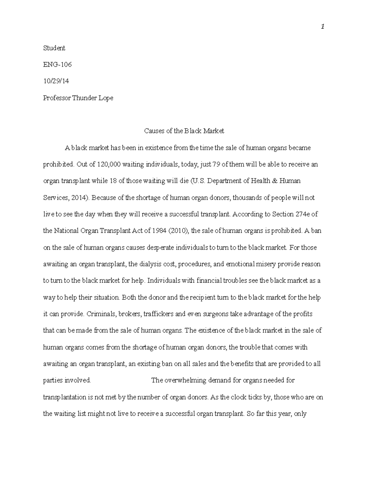 ENG 106 - Causal Essay Sample - Student ENG- 10/29/ Professor Thunder ...