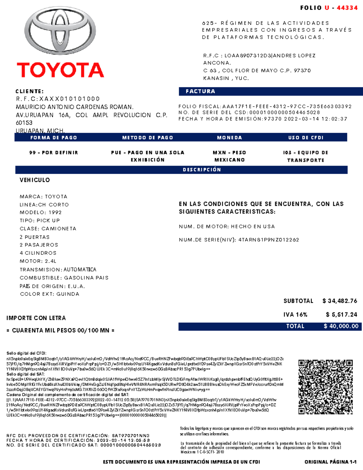 Folio U - 44334 - Mauricio Antonio Cardenas Roman. - VEHICULO Sello ...