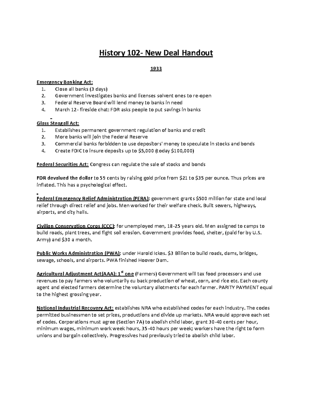 New Deal Outline - professor Deborah Rayner - History 102- New Deal ...