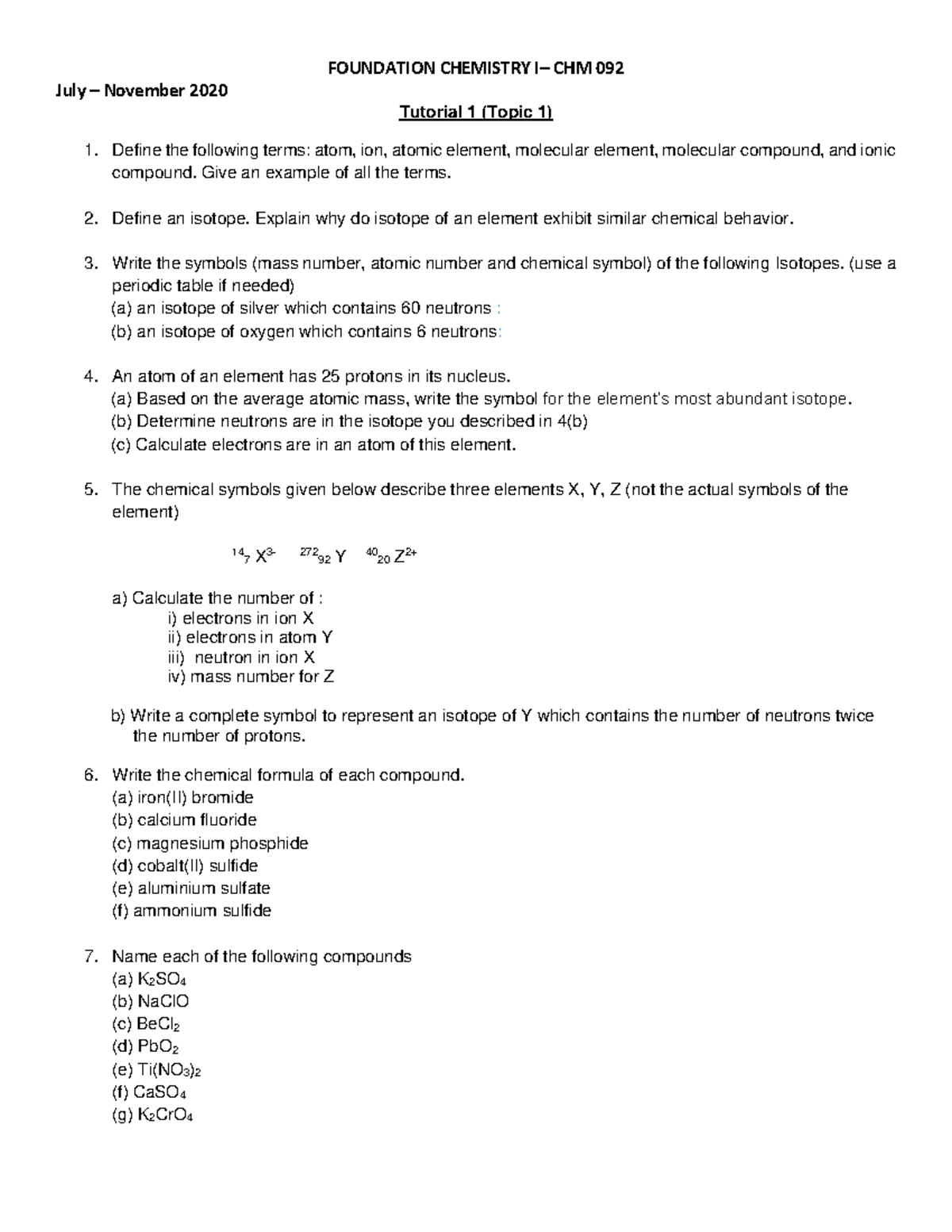 Tutorial Topic 1 - FOUNDATION CHEMISTRY I– CHM 092 July – November 2020 ...