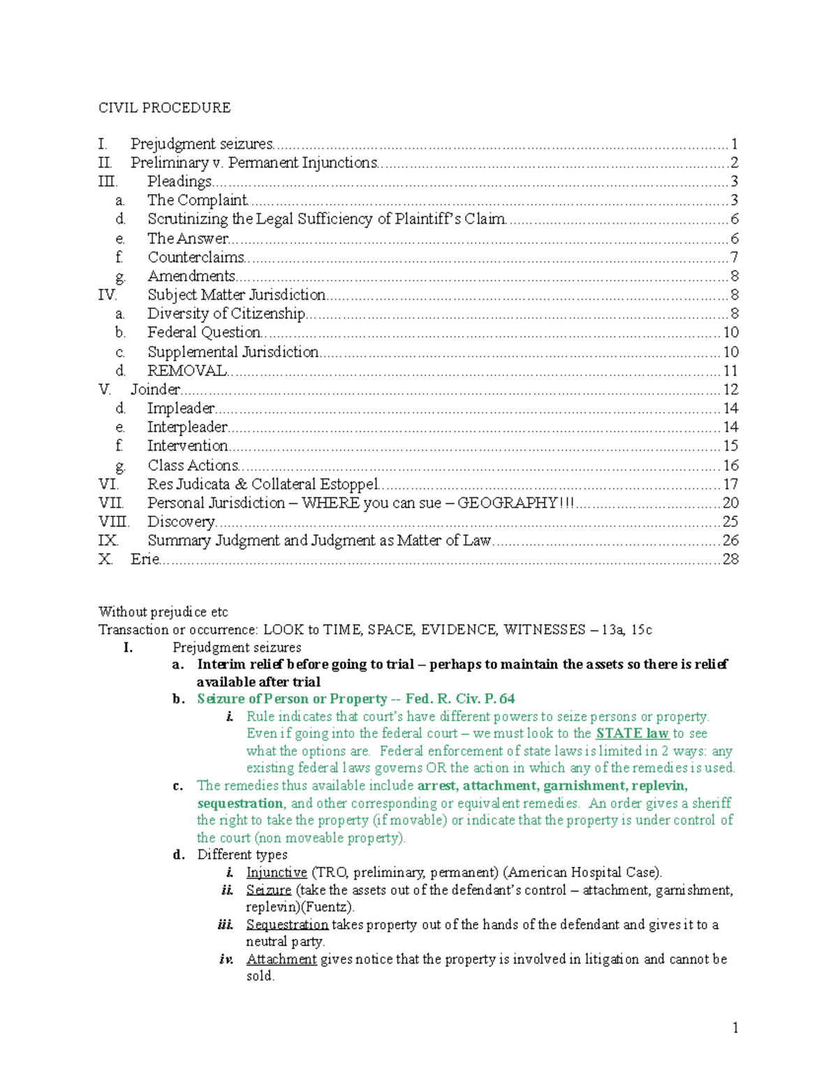 Civil Procedure Law Outline - 2 - CIVIL PROCEDURE I. Prejudgment - Studocu