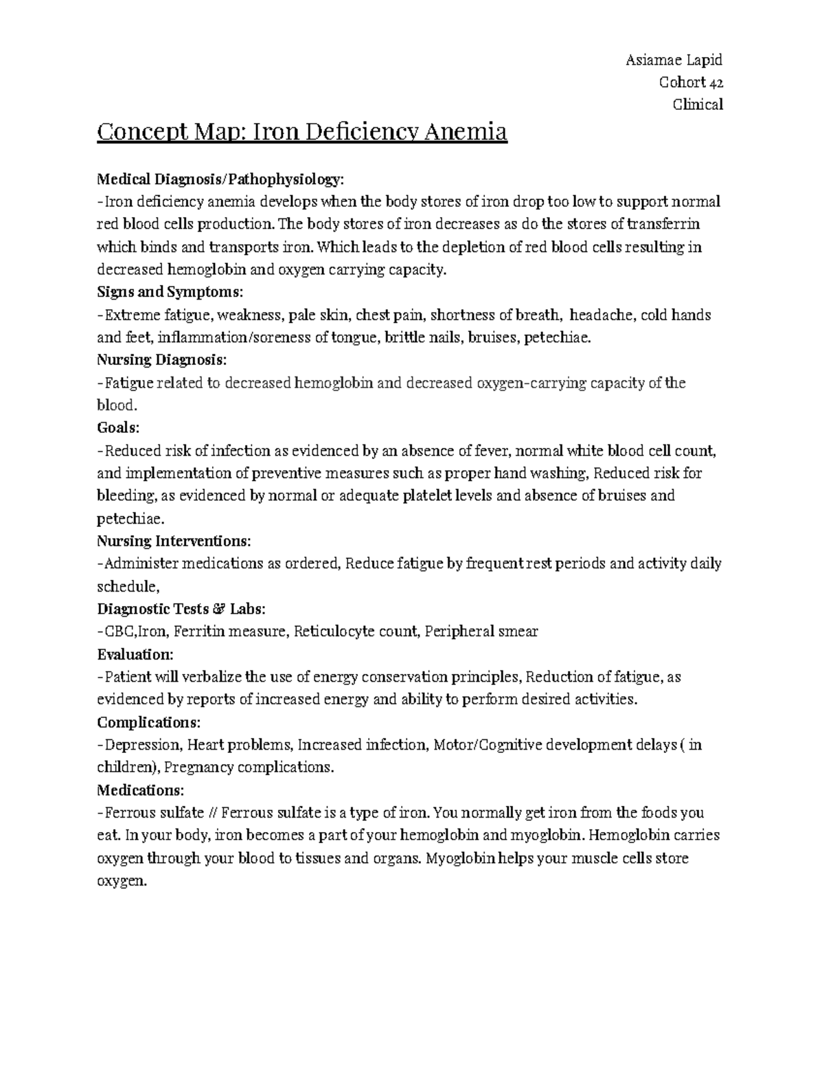 Concept Map Iron Deficiency Anemia - Asiamae Lapid Cohort 42 Clinical ...