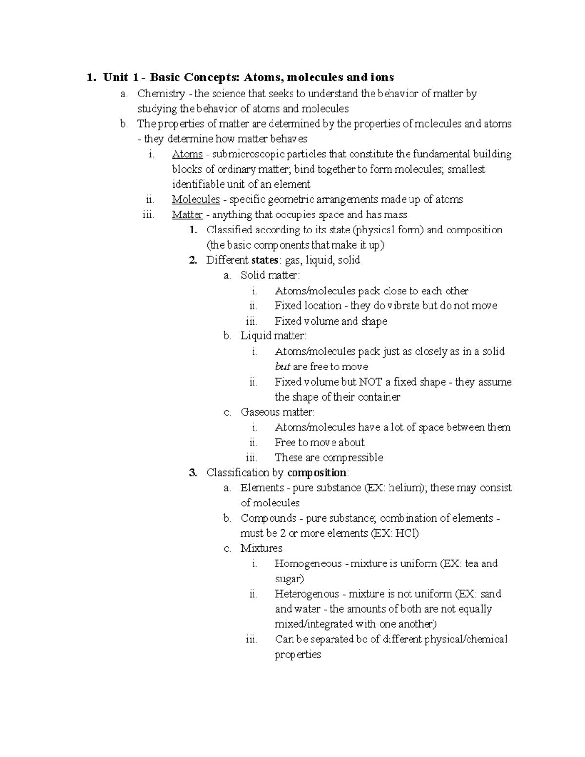 Chem final exam notes - 1. Unit 1 - Basic Concepts: Atoms, molecules ...