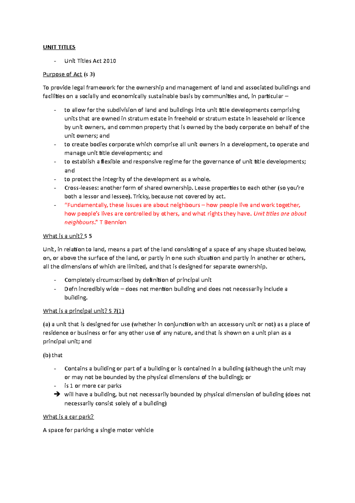 UNIT Titles lecture notes/summary - UNIT TITLES Unit Titles Act 2010 ...