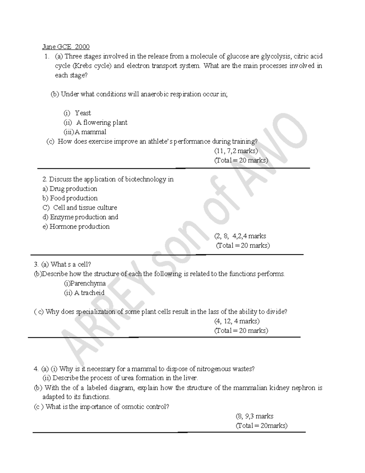 0710 Biology PAST Questions FROM JUNE 2000 TO JUNE 2021 - June GCE 2000 ...