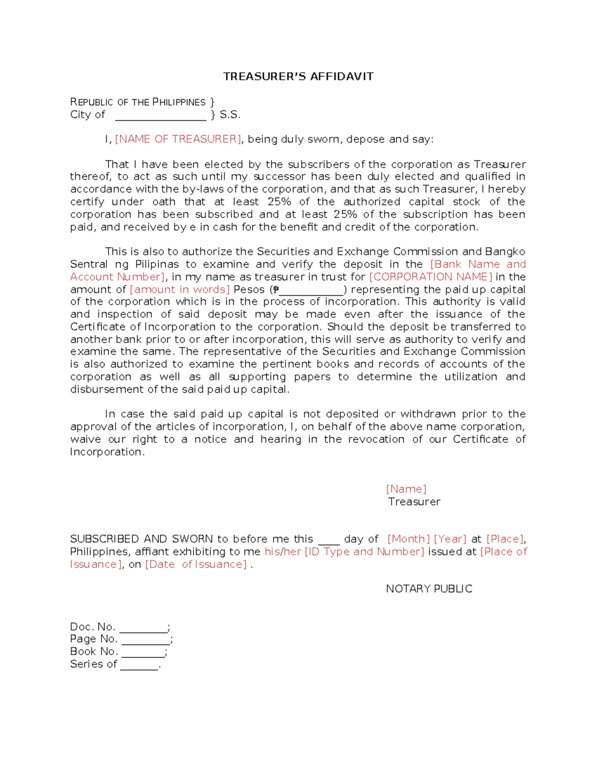 Treasurers Affidavit - template - TREASURER’S AFFIDAVIT REPUBLIC OF THE PHILIPPINES } City of ...