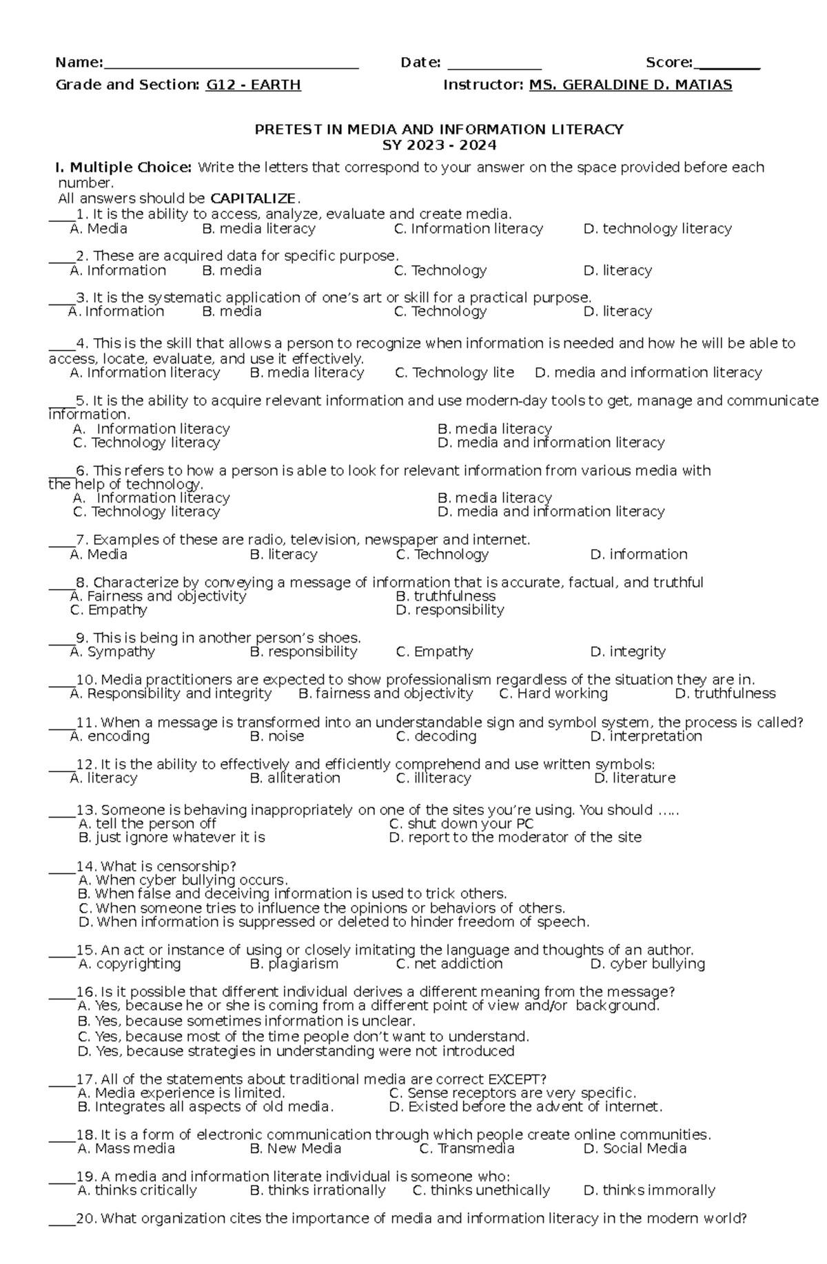 MIL - PRETEST MIL Q1 - Name: Date: ______________ Score ...