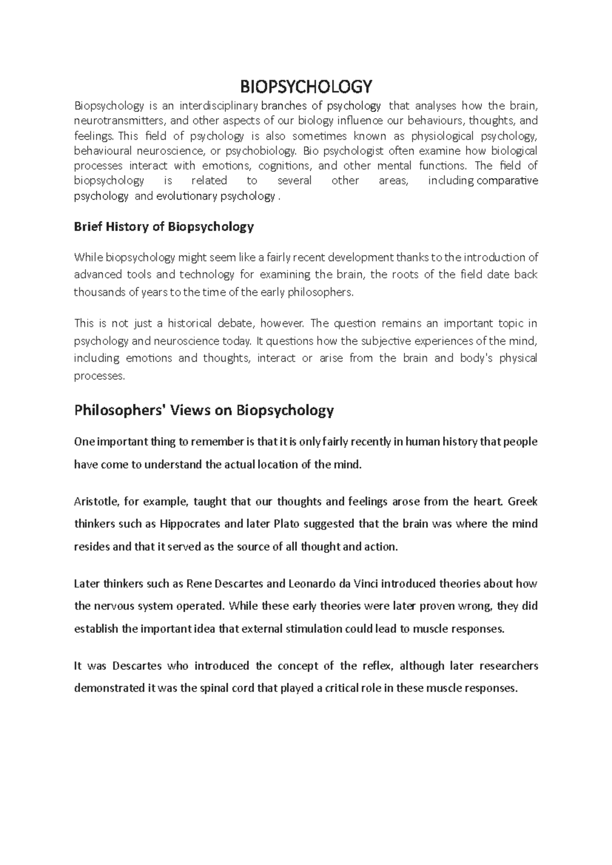 Biological psychology - BIOPSYCHOLOGY Biopsychology is an ...