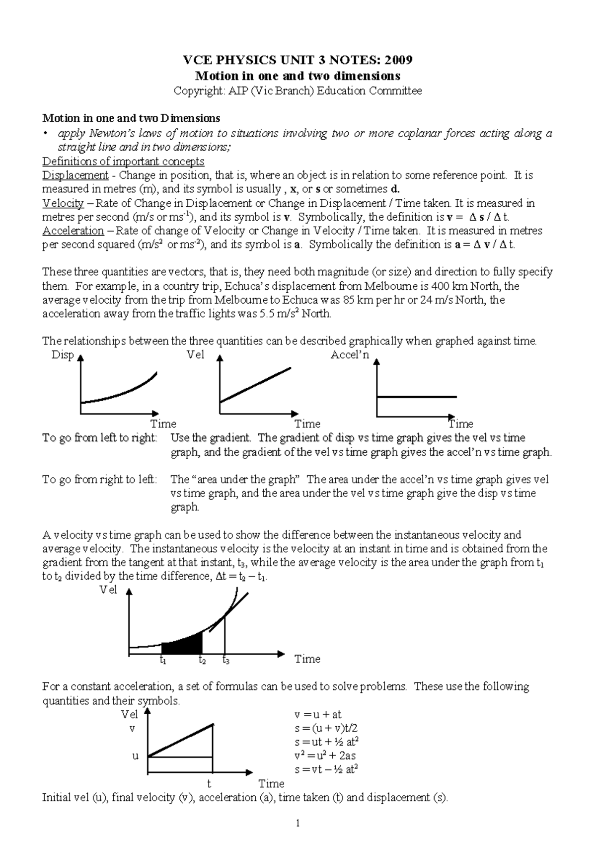 Unit 3 Motion Notes - nmk,l;'[;lkmn - VCE PHYSICS UNIT 3 NOTES: 2009 ...