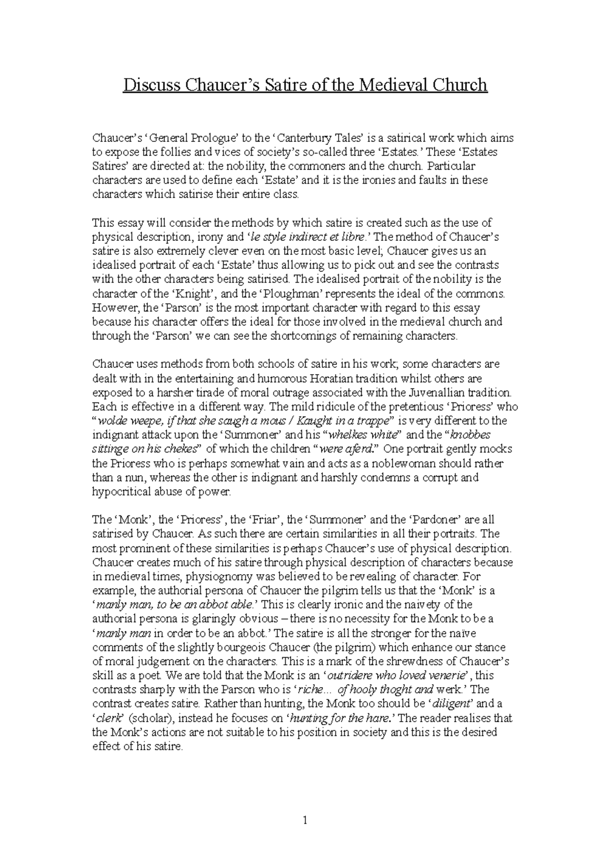 Chaucer Medieval Church Satire - Discuss Satire of the Medieval Church ...