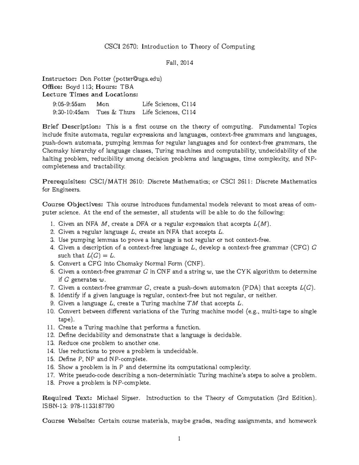 2670-syl14 - Summary Portfolio - CSCI 2670: Introduction to Theory of Computing Fall, 2014 - Studocu