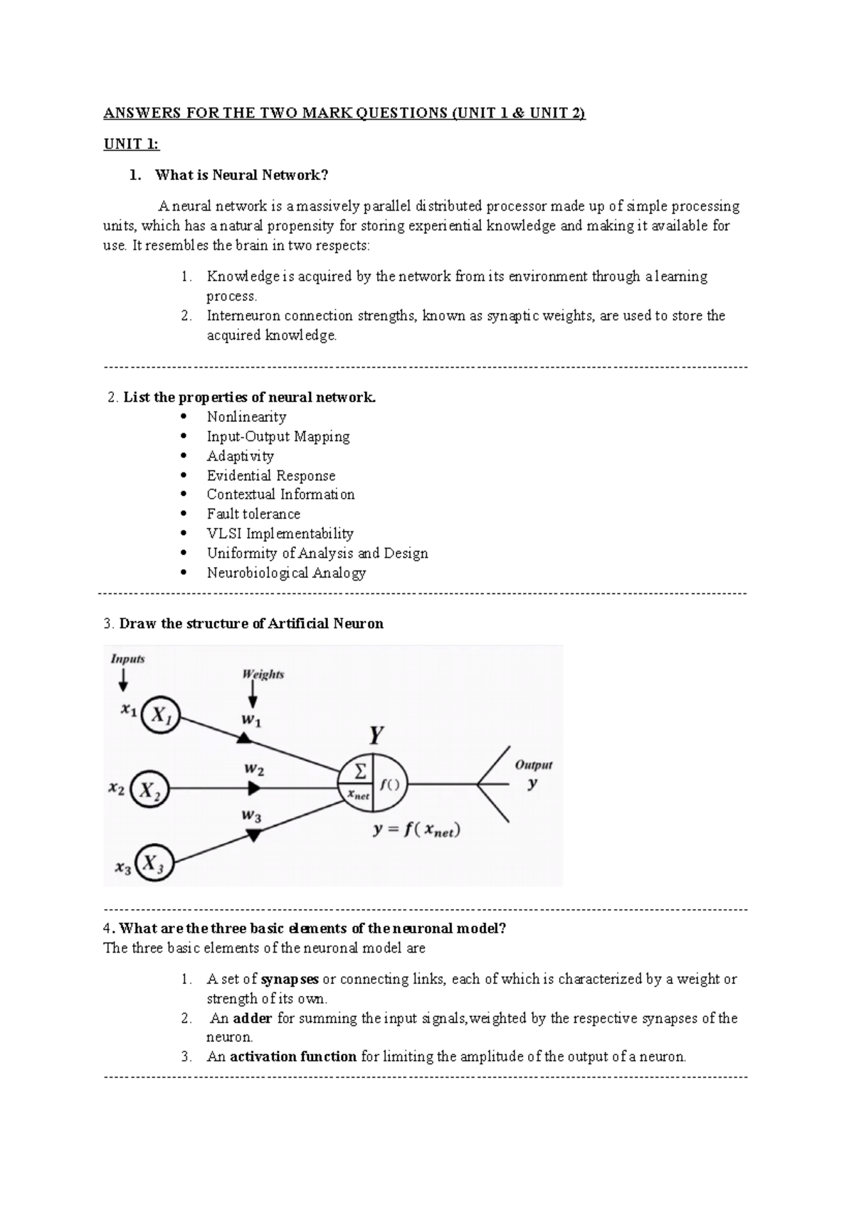 Answers For Two Marks Unit 1 Notes Of Artificial Neural Networks Answers For The Two Mark