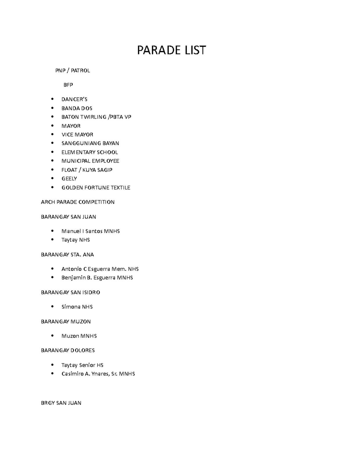 Parade LIST - Information - PARADE LIST PNP / PATROL BFP DANCER’S BANDA ...