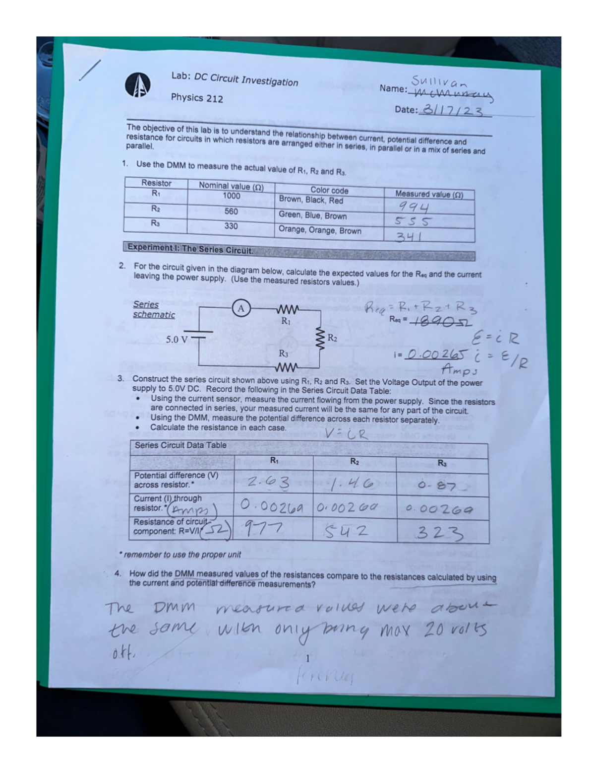 Lab DCCircuits - In-class lab work with assistance from the professor ...